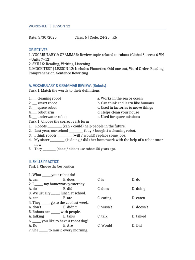 Robots Vocabulary and Grammar Worksheet | PDF | Robot | Robotics