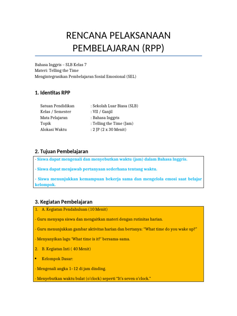 RPP Bahasa Inggris: Telling the Time SLB Kelas 7 | PDF