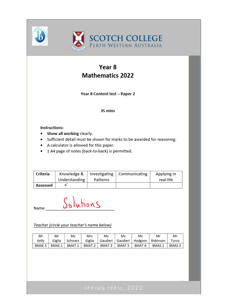 Year 8 Mathematics Test Paper 2 | PDF | Area
