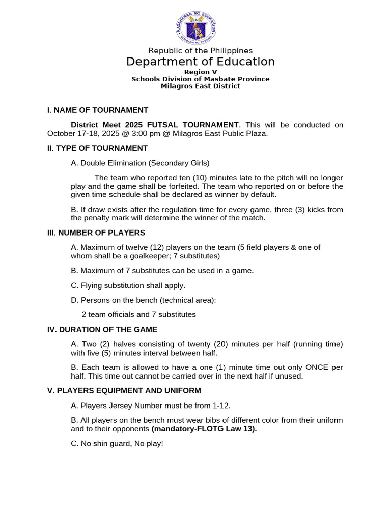 2025 District Meet Futsal Tournament Rules | PDF | Sports Rules And ...