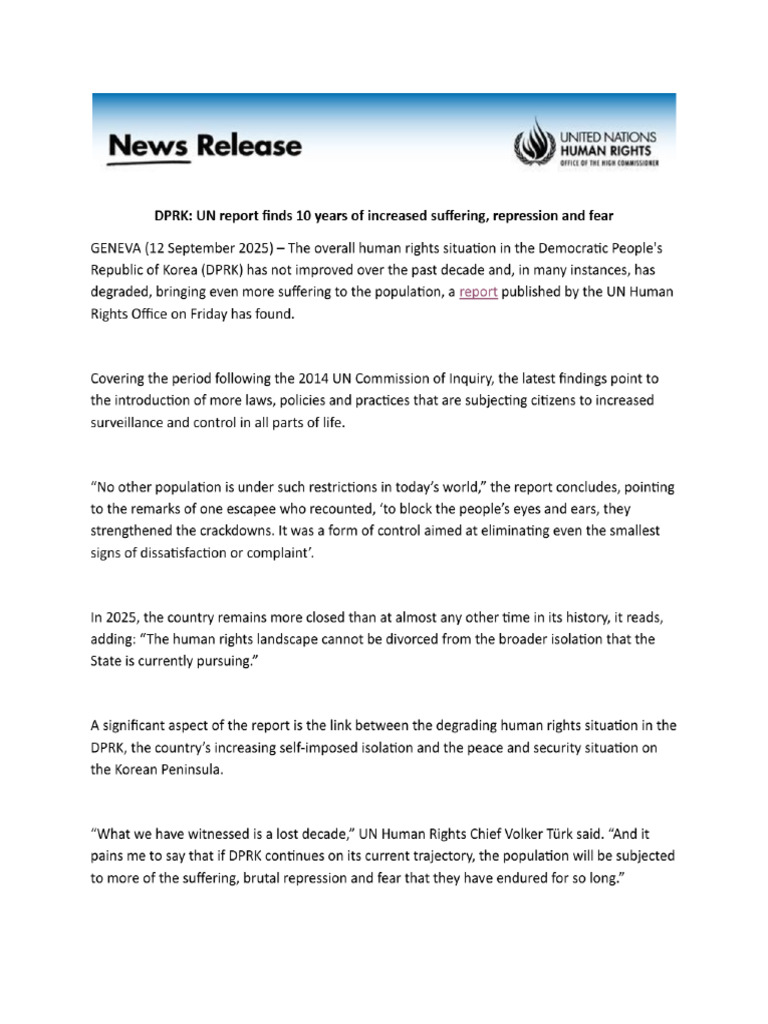 Press Release - DPRK - UN Report Finds 10 Years of Increased Suffering ...