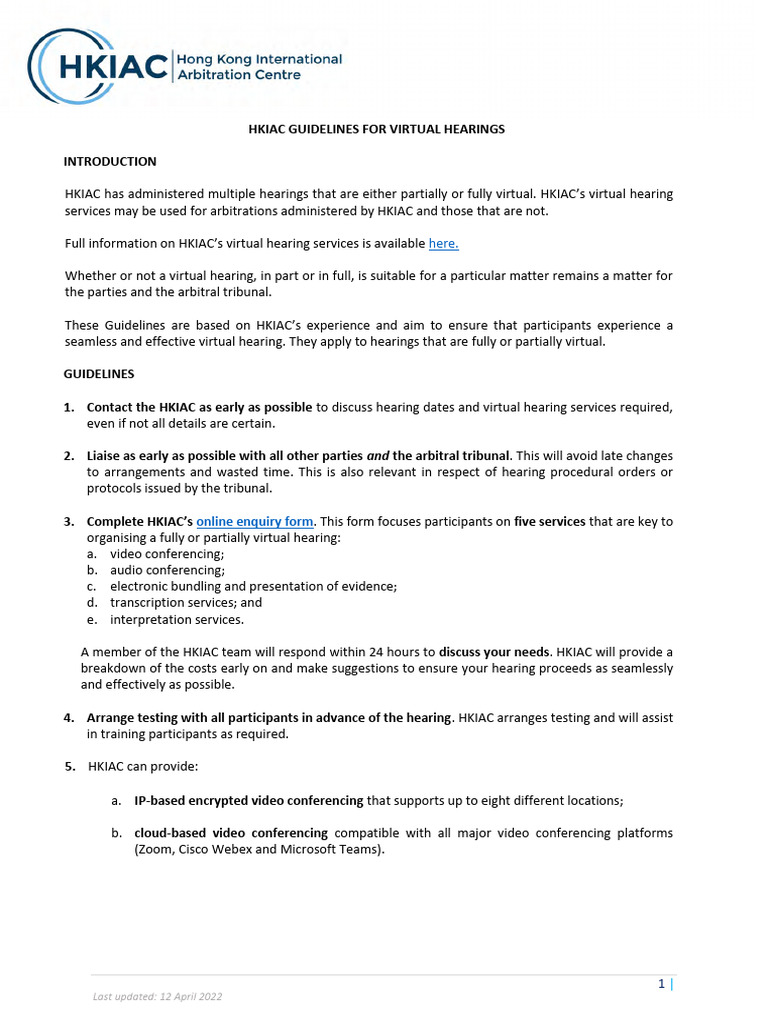 HKIAC Virtual Hearing Guidelines | PDF | Arbitral Tribunal | Videotelephony