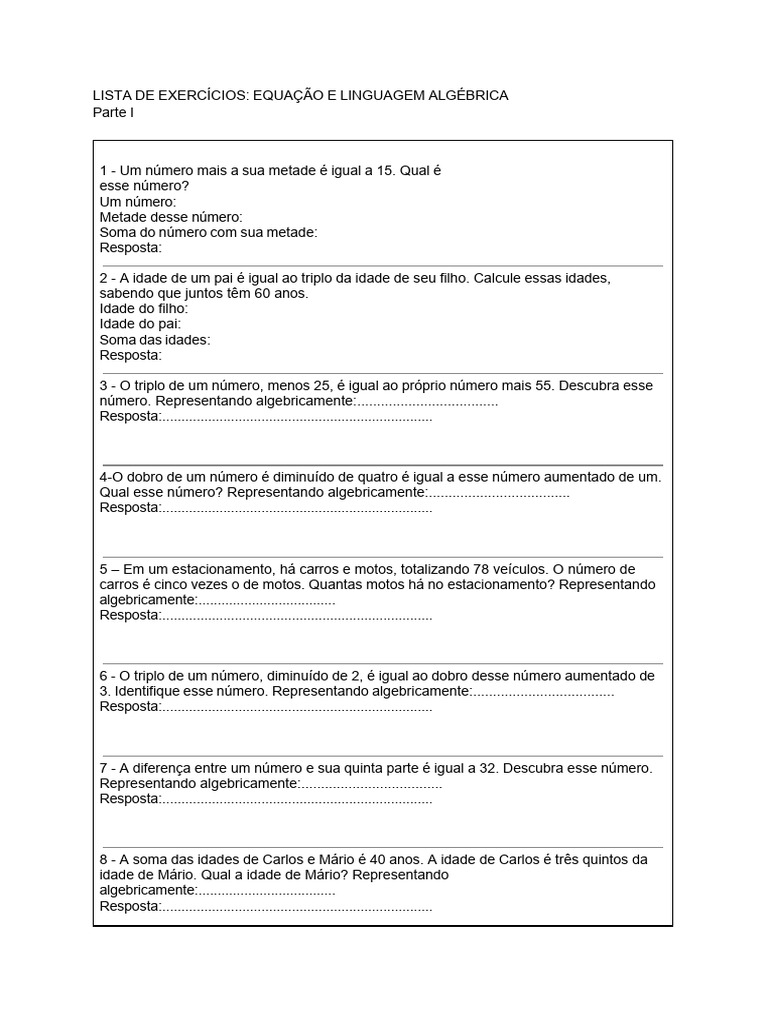 Lista de Exercícios - Equação e Linguagem Algébrica 1 | PDF