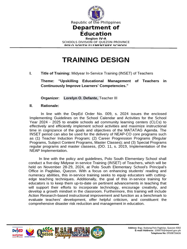 Pses Mid Year Inset Training Design November 2024 | PDF | Teachers | Learning