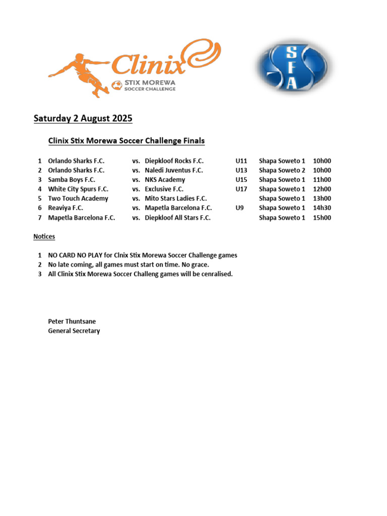 Clinix Stix Morewa Soccer Finals Schedule | PDF