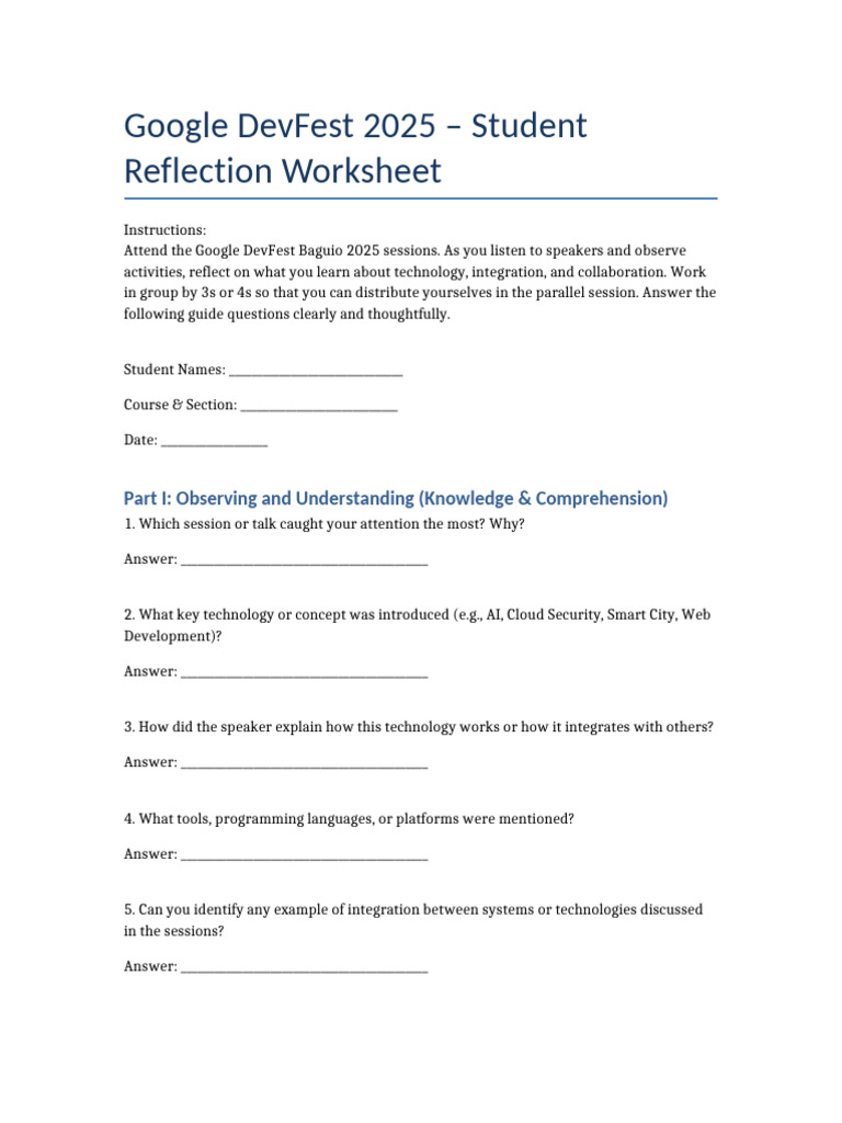 DevFest2025 Student Reflection Worksheet | PDF | Artificial ...