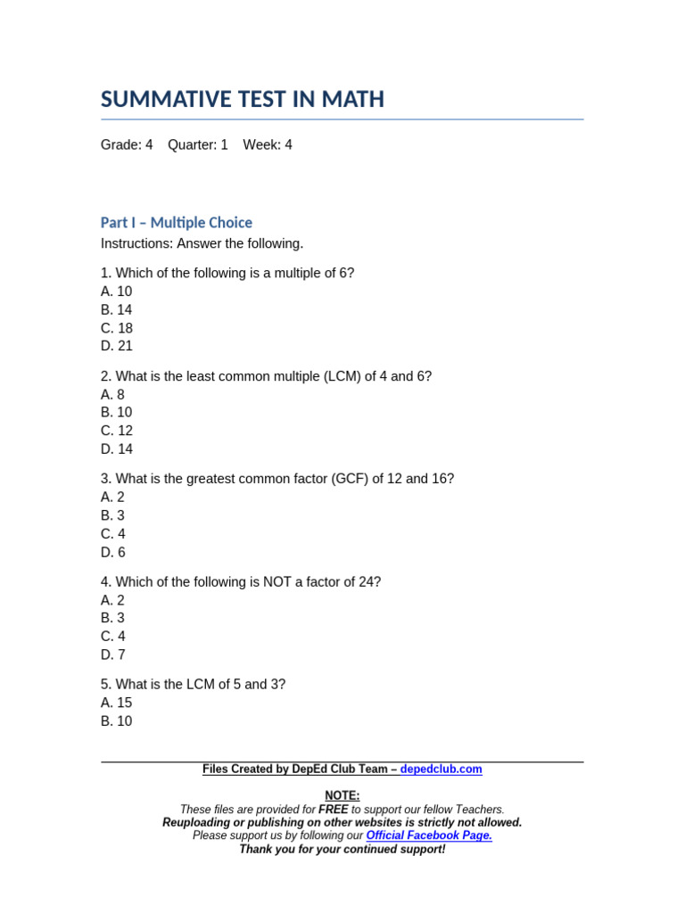 Summ_test Math 4 q1 w4 | PDF | Numbers | Elementary Mathematics