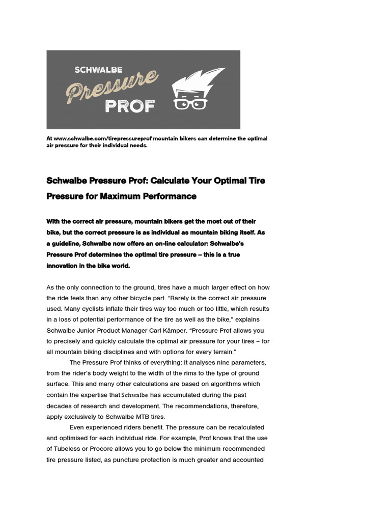 Schwalbe Pressure Prof: Tire Pressure Guide | PDF