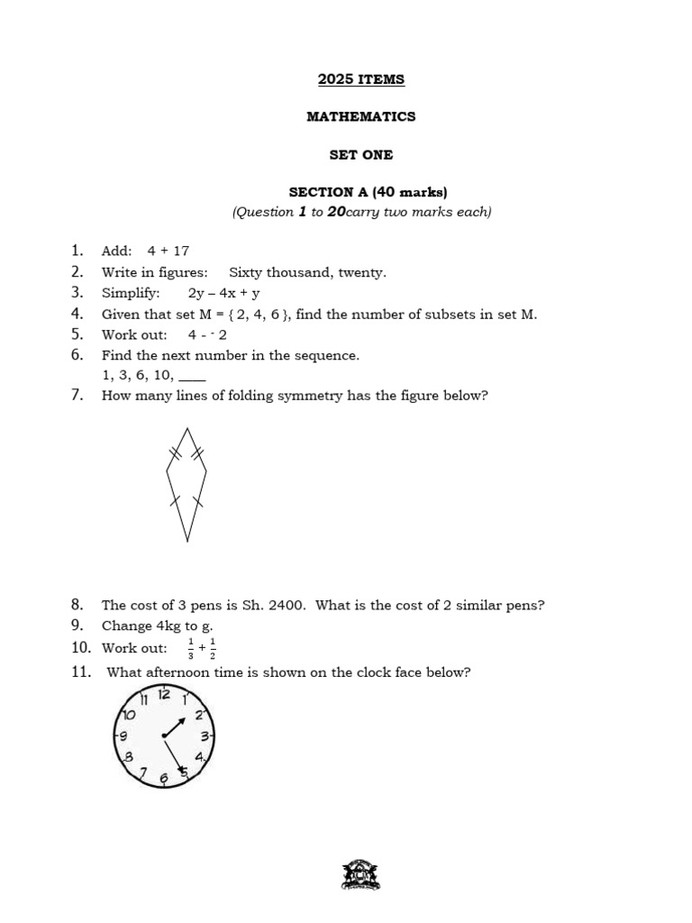 Mathematics Exam Questions 2025 Pdf Numbers Elementary Mathematics