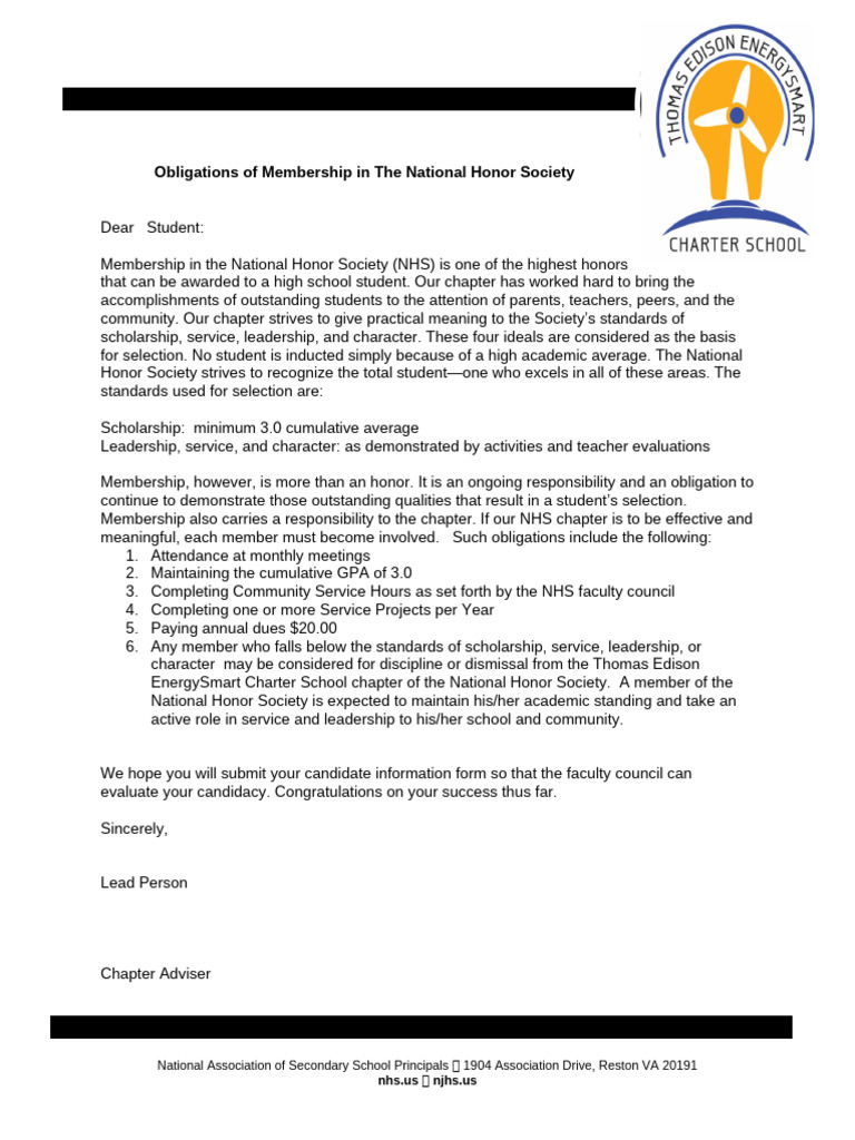 Obligations of Membership in The National Honor Society | PDF