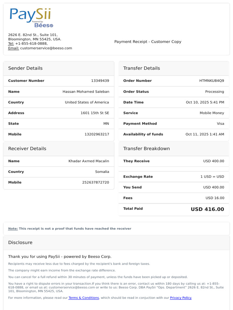 Sender Details Transfer Details: Payment Receipt - Customer | PDF ...