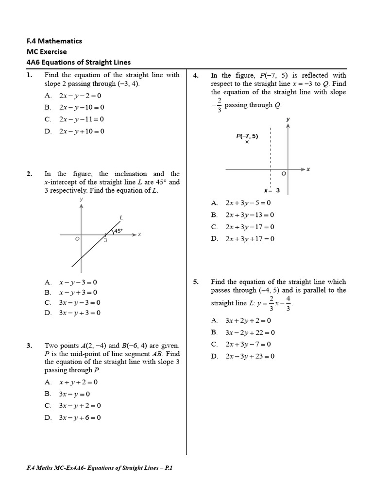 F.4 Maths: Straight Line Equations MCQs | PDF | Line (Geometry ...
