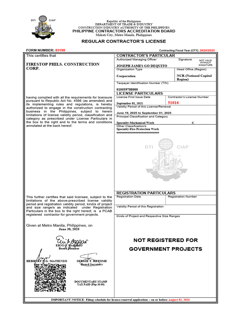 PCAB License for Firestop Phils. | PDF | License | Justice