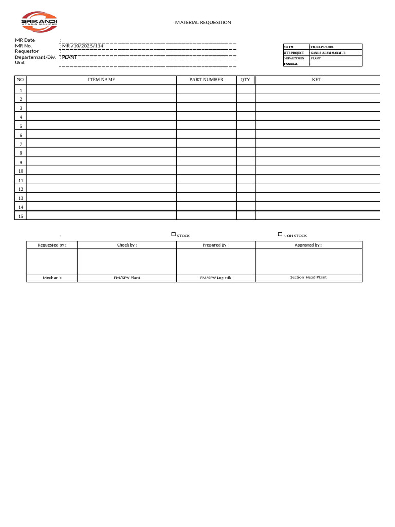 Material Requisition for Ganda Alam Makmur | PDF