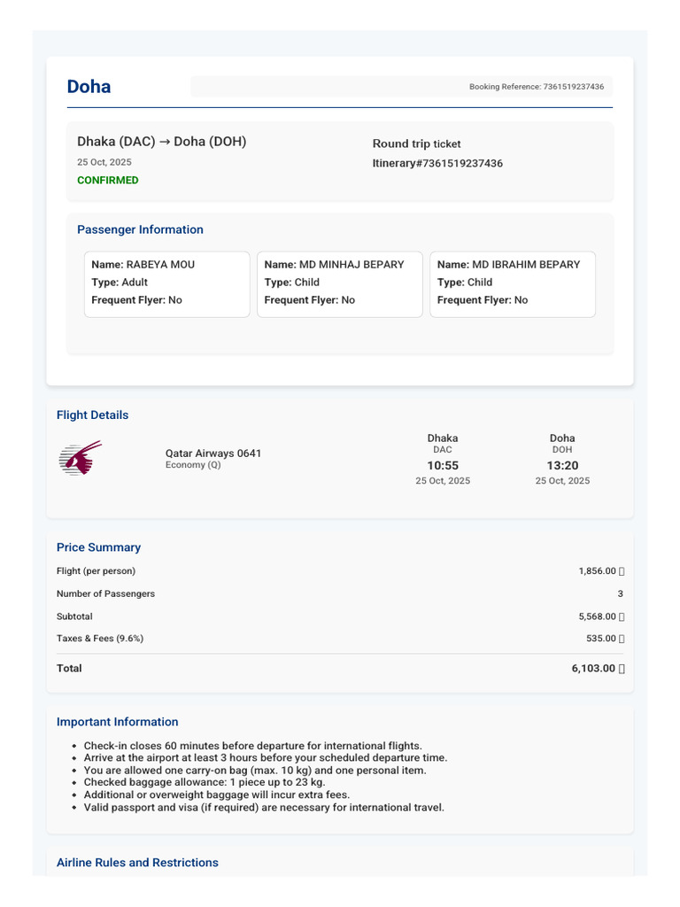 Round Trip Flight Itinerary: Dhaka to Doha | PDF | Aviation | Civil ...