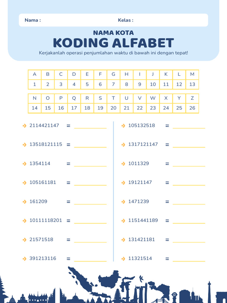 Koding Angka Alfabet Tema Nama Kota Lembar Kerja Biru Ilustratif | PDF