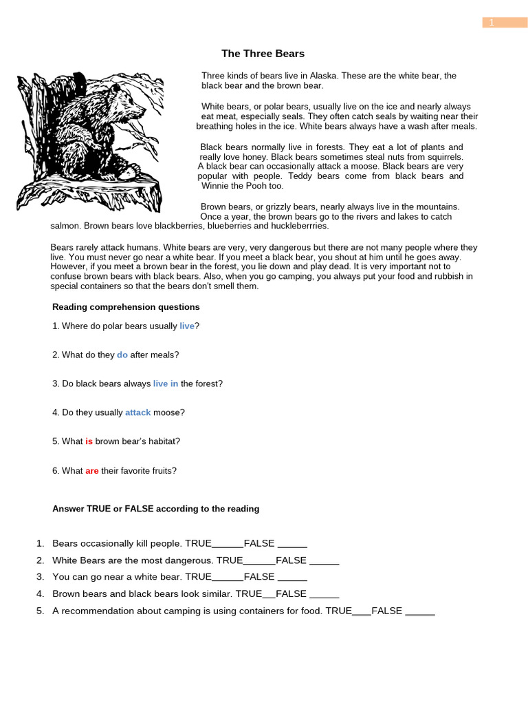 The Three Bears Reading Comprehension Exercises 87662 | PDF | Grizzly ...