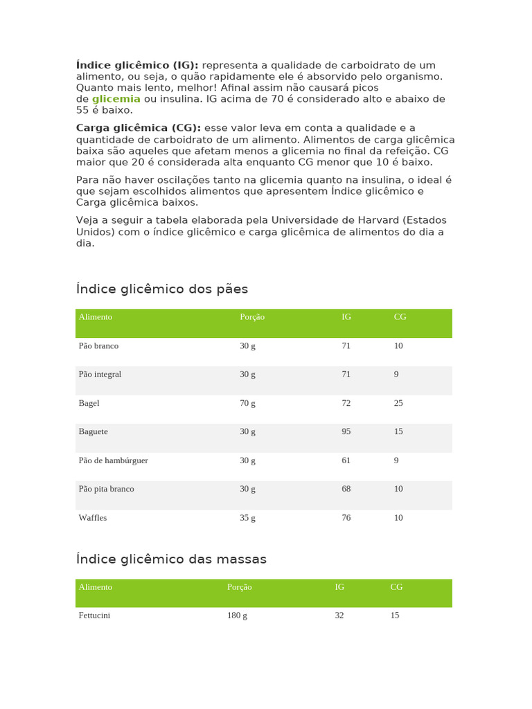 Índice Glicêmico Dos Alimentos | PDF | Índice glicêmico | Alimentos