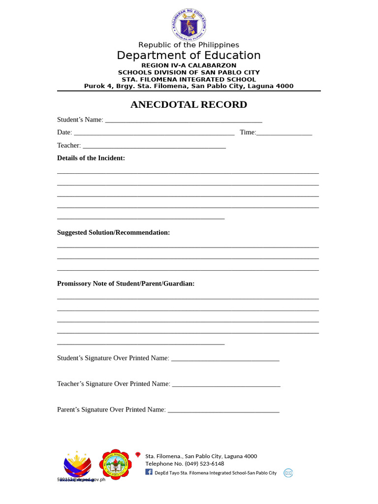 Anecdotal Record Template for Schools | PDF