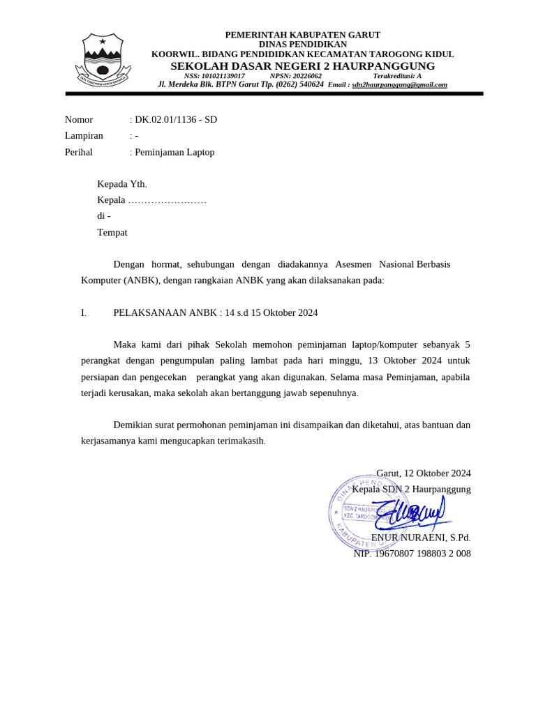 Permohonan Peminjaman Laptop ANBK 2024 | PDF