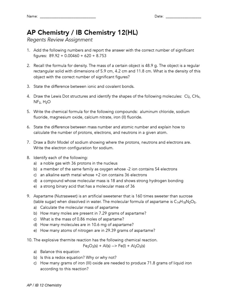 AP Chemistry Review Assignment Guide | PDF | Molecules | Chemical Bond