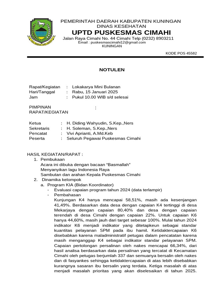 Notulen Lokakarya Puskesmas Cimahi 2025 | PDF