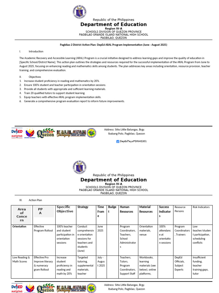 Pagbilao ARAL Program Action Plan 2025 | PDF | Teachers