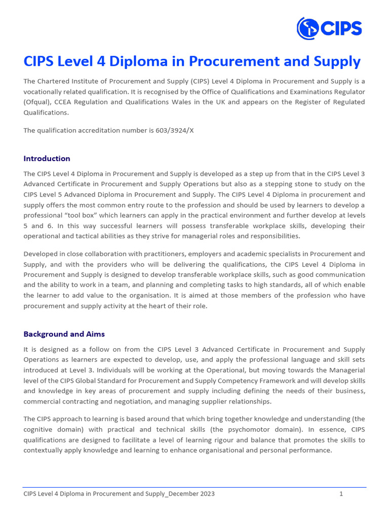 CIPS Level 4 Diploma in Procurement and Supply - December 2023 | PDF | Procurement | Learning