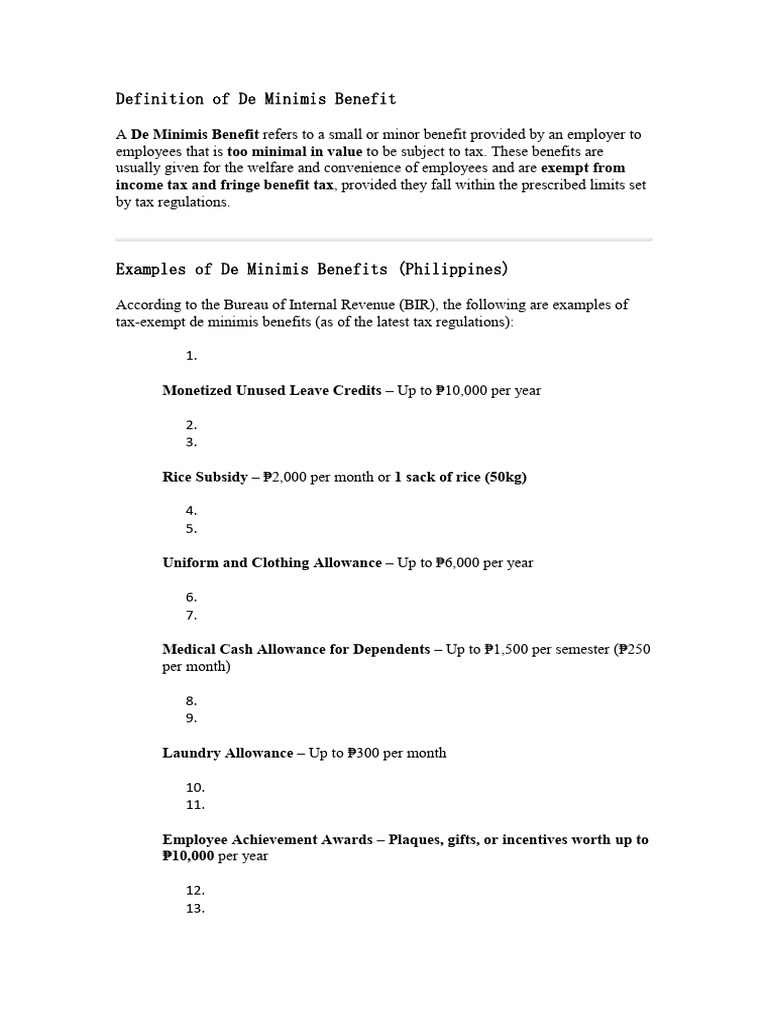 Understanding De Minimis Benefits in Tax | PDF | Taxes | Employee Benefits