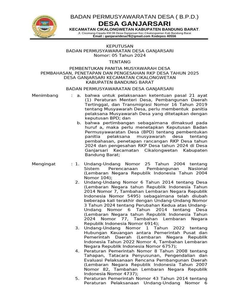 SK Panitia Musdes Pengesahan RKP Desa 2025 (WWW - Ciptadesa.com) | PDF