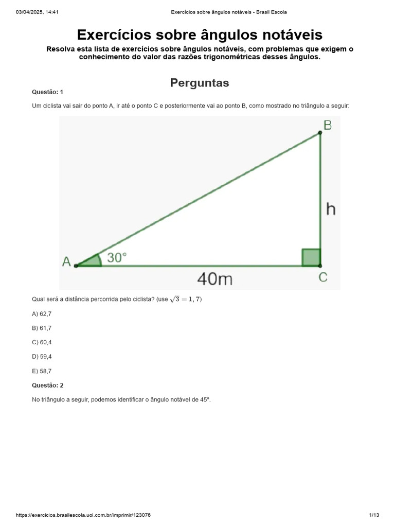 Exercícios de Trigonometria: Ângulos Notáveis | PDF | Ângulo | Triângulo
