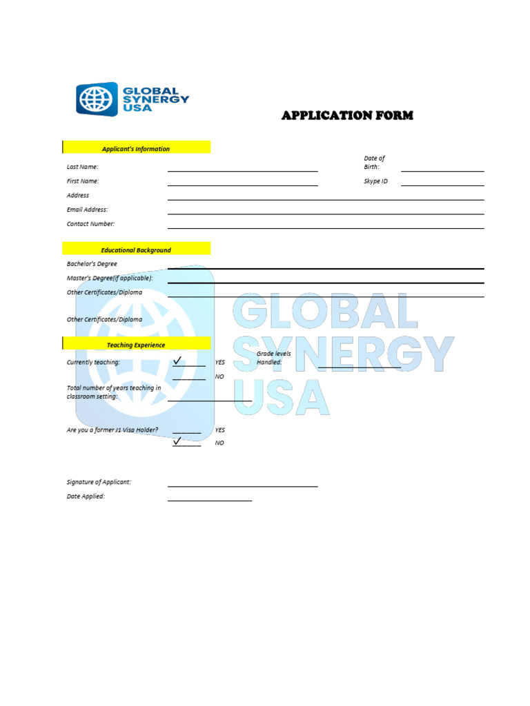 Global Synergy Usa - Application Form | PDF