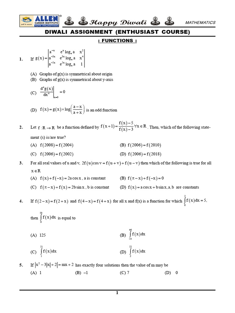 Diwali Assignment Maths IIT Enthusiast | PDF | Function (Mathematics ...