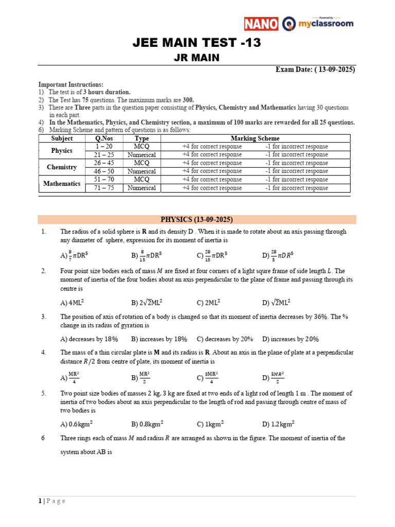 JR Jee Mains Test 13 Q.P With Key | PDF | Isomer | Geometry