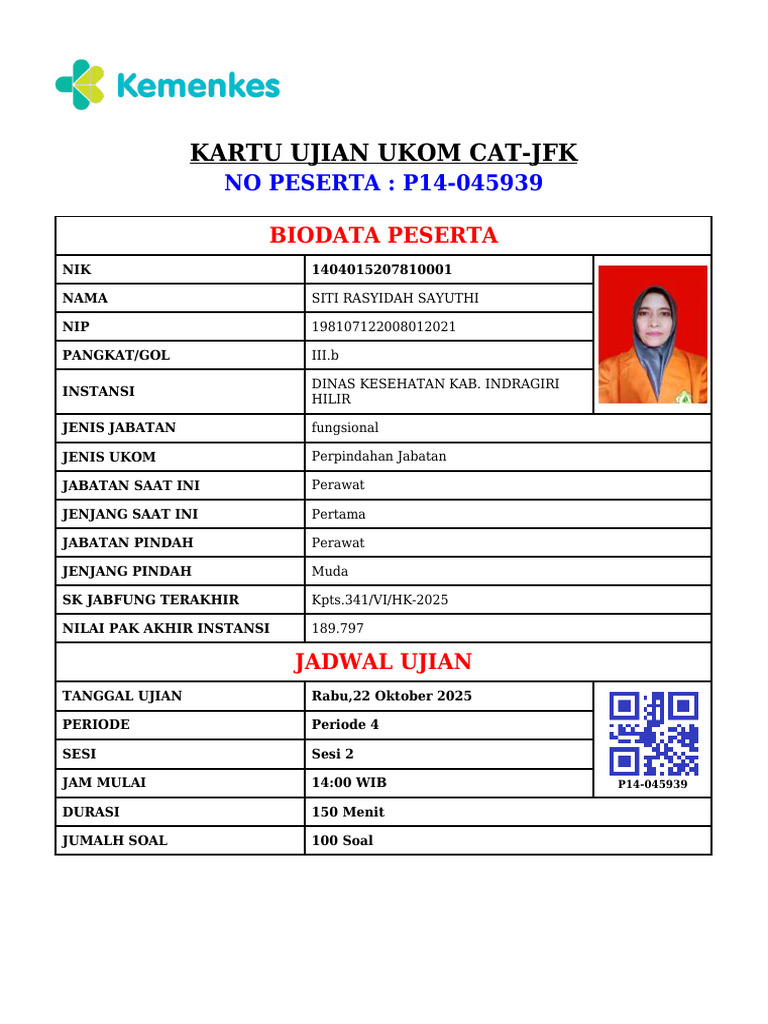 Kartu Ujian UKOM CAT-JFK Perawat 2025 | PDF