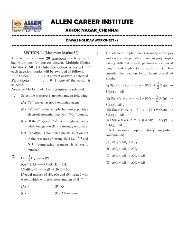 Diwali Assignment Chemistry IIT Enthusiast | PDF