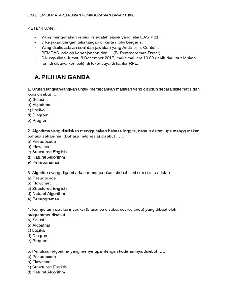 Remidi Pemrograman Dasar X RPL | PDF