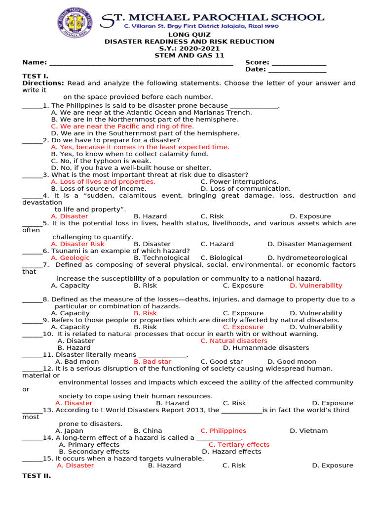 Disaster Readiness Quiz for Students | PDF | Hazards | Natural Disasters