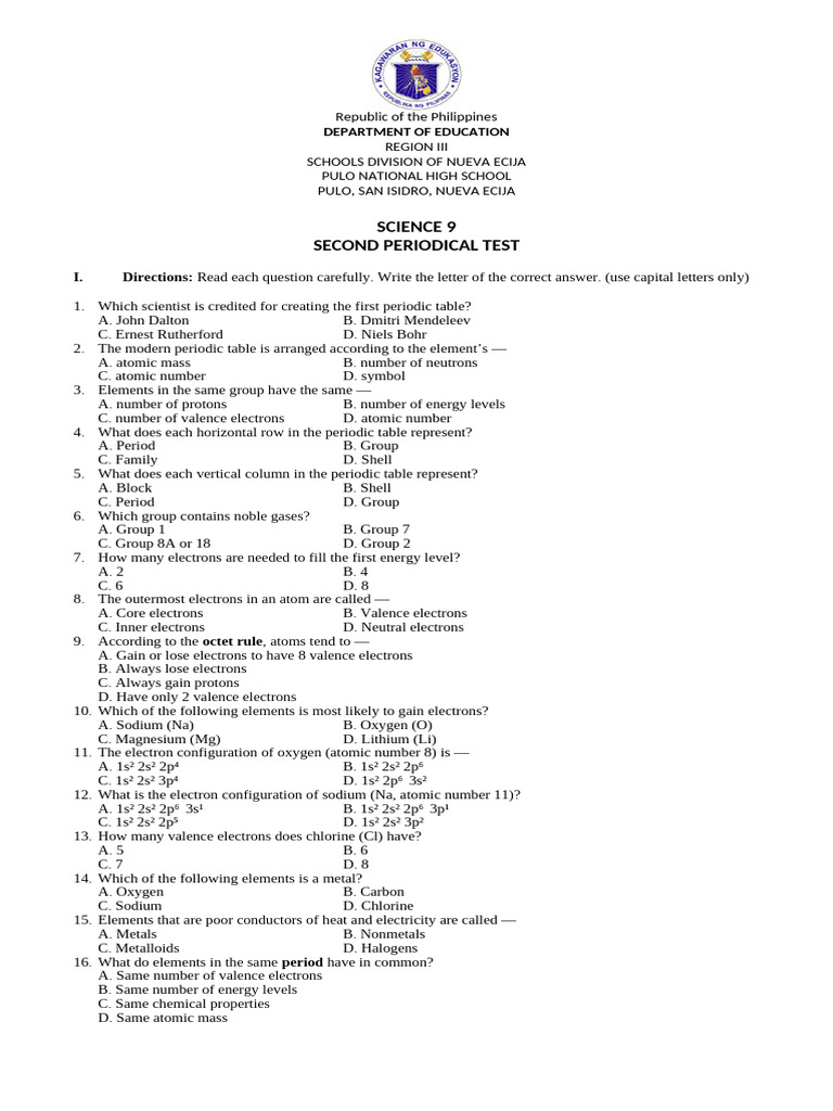 2nd Qt Science 9 | PDF | Periodic Table | Materials
