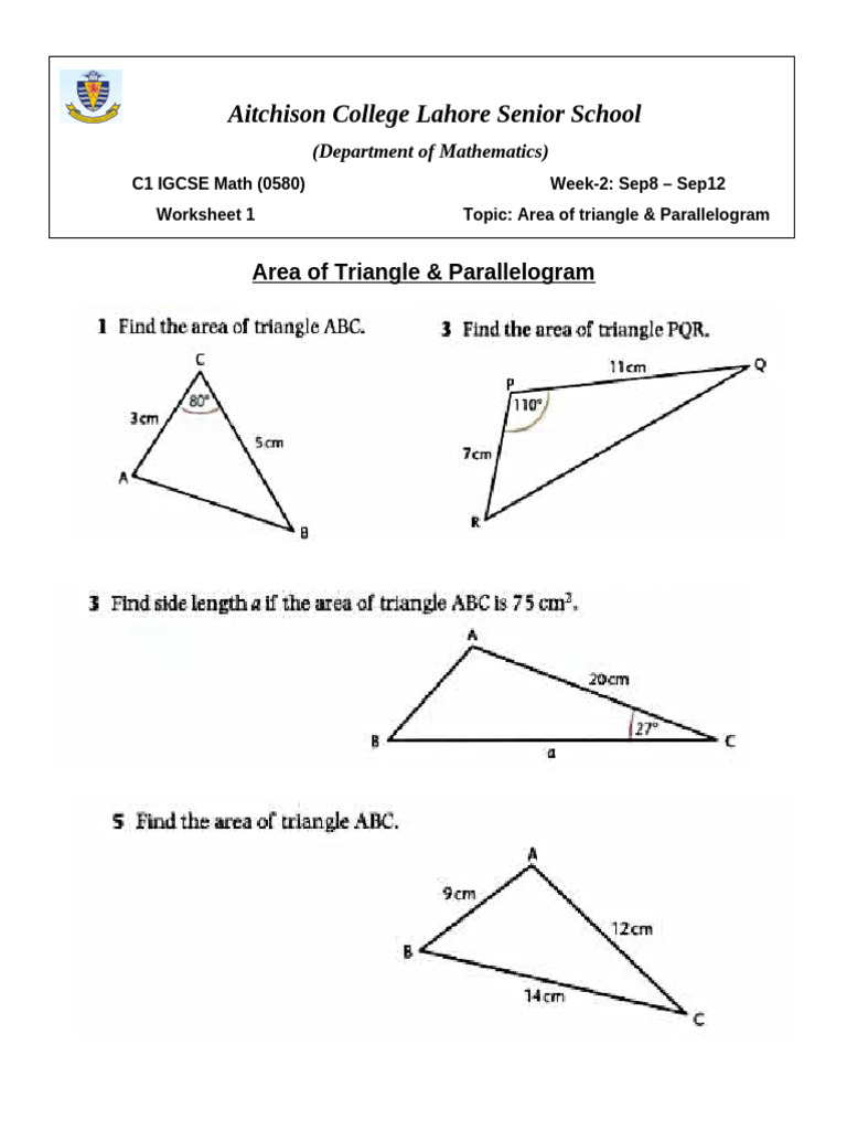Area of Triangle & Parallelogram Worksheet | PDF