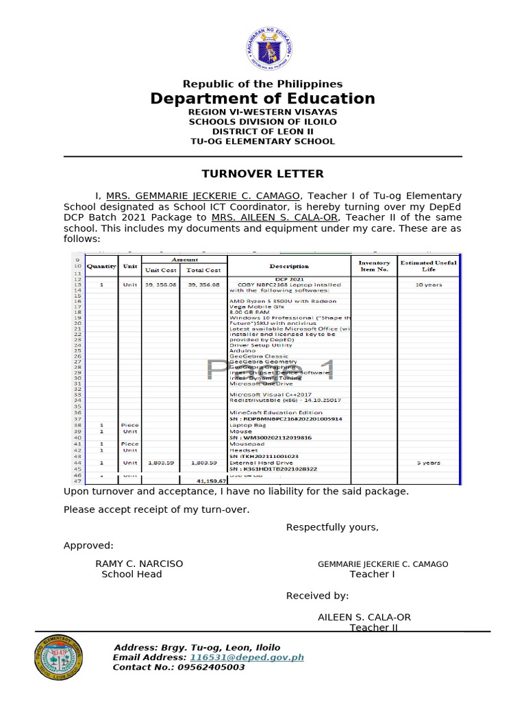 Letter of Turn Over | PDF