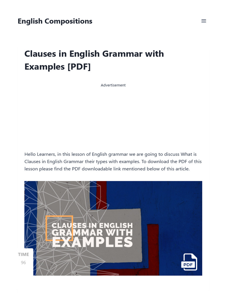 Clauses in English Grammar With Examples (PDF) - English Compositions | PDF | Clause | Adjective