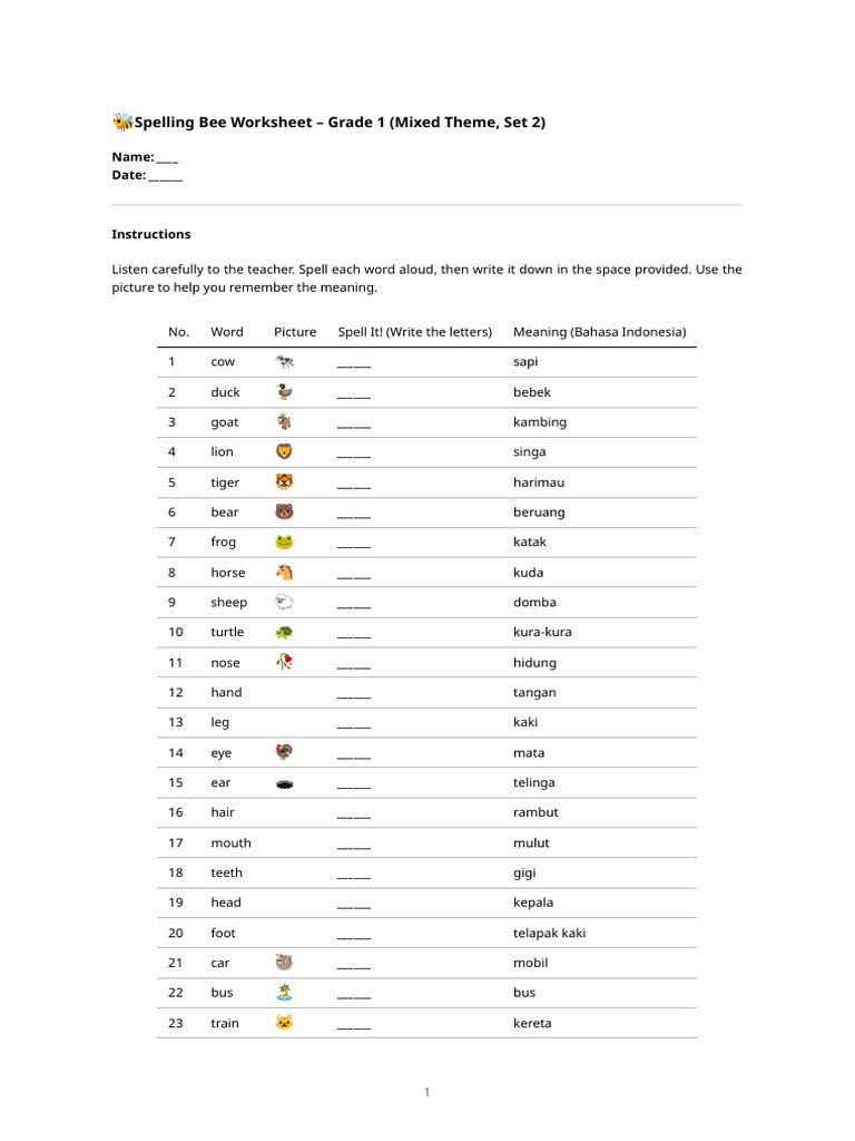 Grade 1 Spelling Bee Worksheet 2 | PDF | Zoology