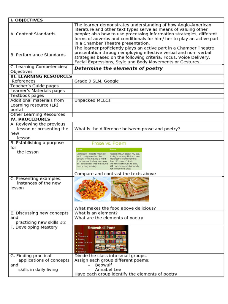 Lesson Plan On Elements of Poetry | PDF