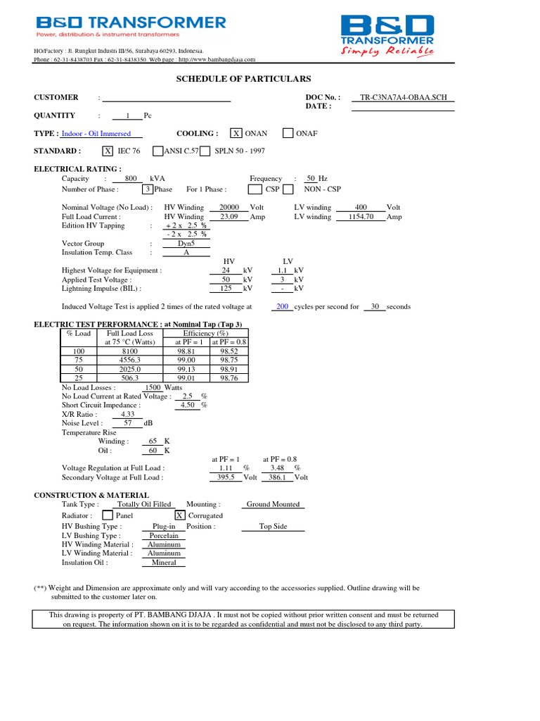 800 kVA Indoor Power Transformer Specs | PDF | Transformer | Electricity