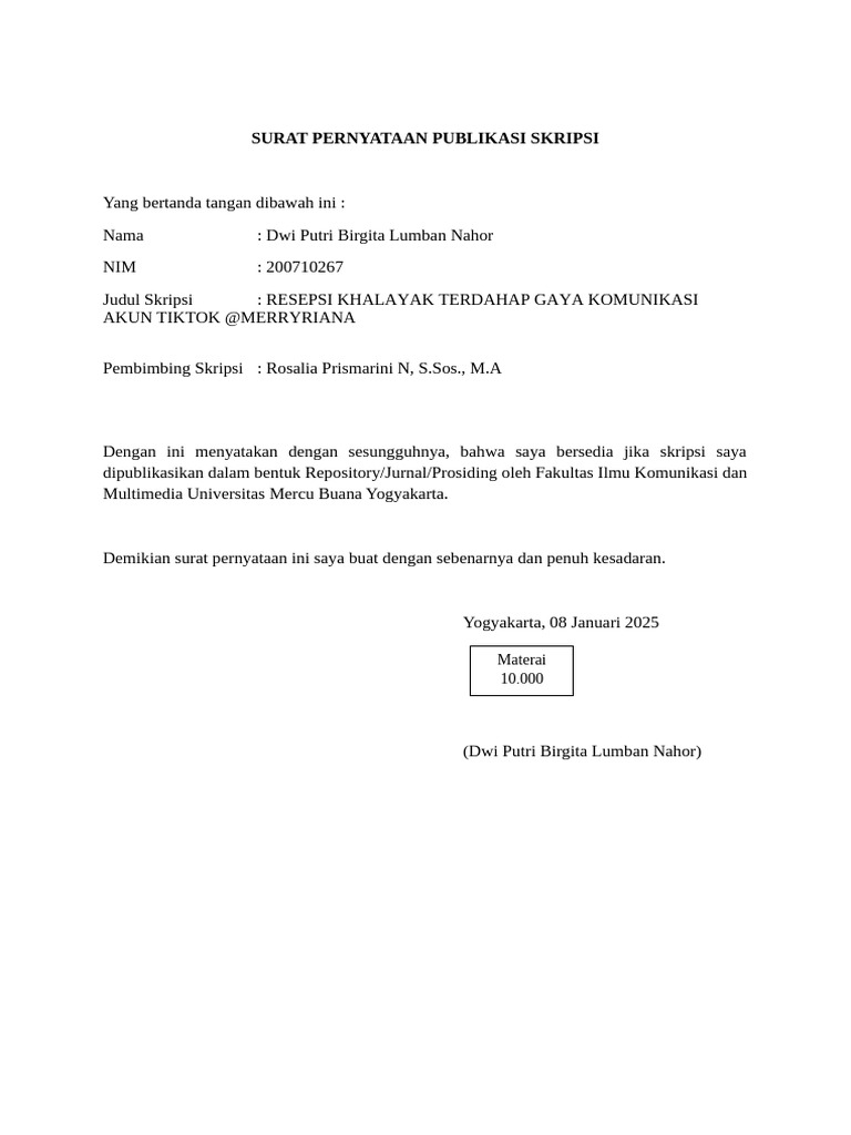Surat Pernyataan Publikasi Skripsi | PDF
