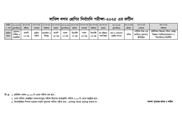 Dakhil Test Exam Routine 2025 | PDF