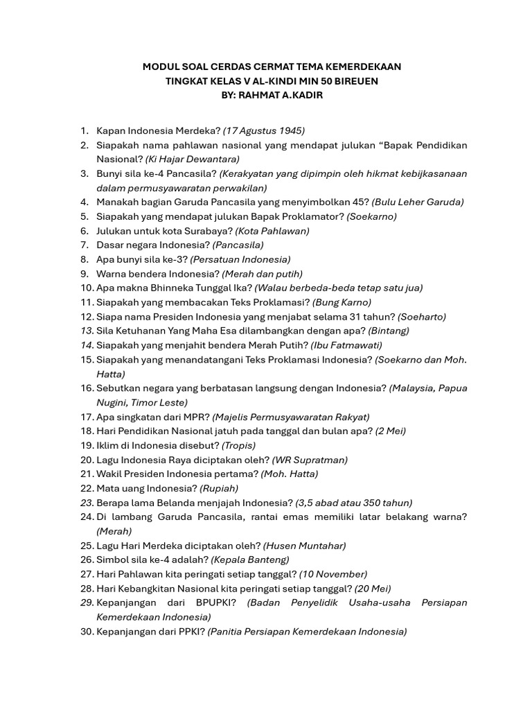 Soal Cerdas Cermat Kemerdekaan Kelas V | PDF