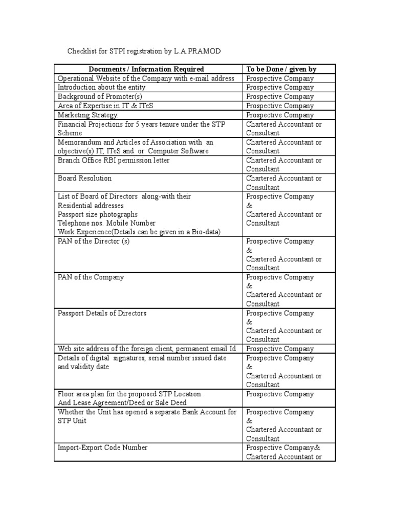 STP Reg Checklist | PDF | Consultant | Joint Venture
