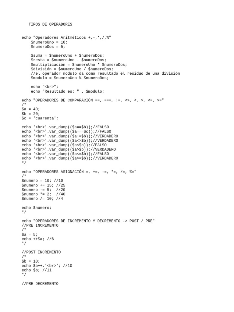 Tipos de Operadores Php | PDF
